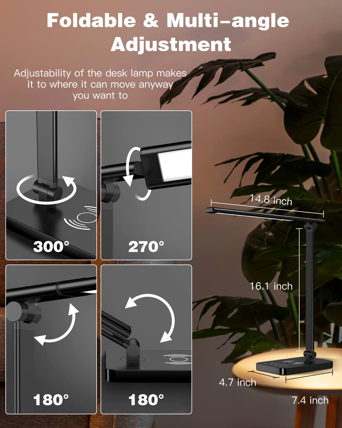 AGEARSUK LED Desk lamp, Desk Lamp with USB Charging Port for Home Office, Dimmable Desk Lamp with Wireless Charger, Eye-Caring Reading Lamps, Touch Control Study Lamps for Dorm (Adapter Included)