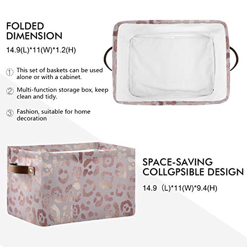 Mazeann Rose Gold Leopard Print Storage Basket Bin Collapsible Foldable for Clothes Toys Storage Cabinets Waterproof Storage Box 15 x 11 x 9.5 inches, 2PCS