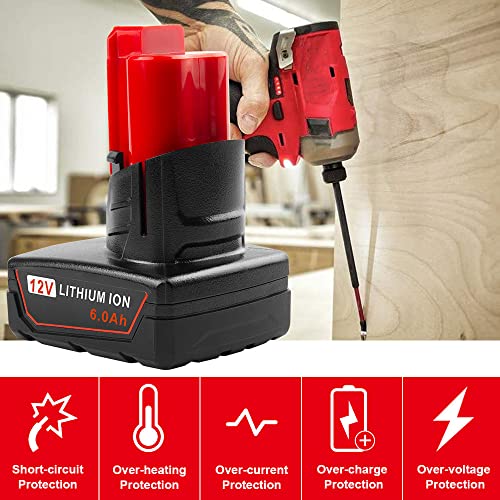 (Upgraded) 6.0Ah 12V Extend Cordless Lithium Battery for Milwaukee All M12 Power Tools, 48-11-2460 48-11-2401 48-11-2402 48-59-1812 48-11-2411 48-11-2420 48-59-2401 48-59-1812 2510-20 (2-Pack)