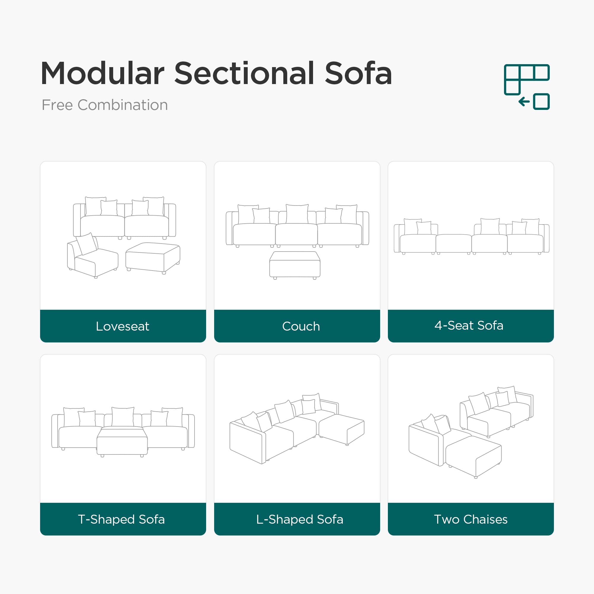 Acanva Luxury L-Shaped Upholstery Convertible Modular Sectional Sofa, Contemporary Reversible Couch with Chaise Lounge for Living Room, Apartment, 4 Piece Set, Grey