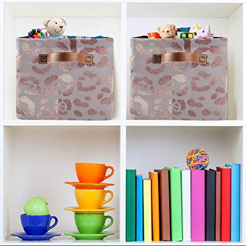 Mazeann Rose Gold Leopard Print Storage Basket Bin Collapsible Foldable for Clothes Toys Storage Cabinets Waterproof Storage Box 15 x 11 x 9.5 inches, 2PCS