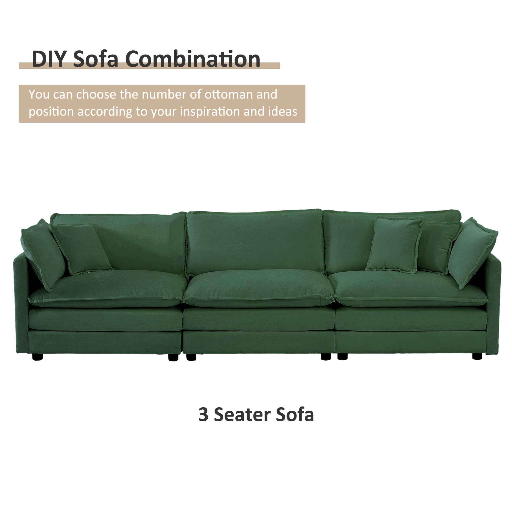 111.5" Oversized 3-Seater Soft Chenille Sofa, Modular Sectional Sofa Cloud Couch for Living Room, Modern Deep Seat 3 Seat Large Couches (Green, 3 Seat)