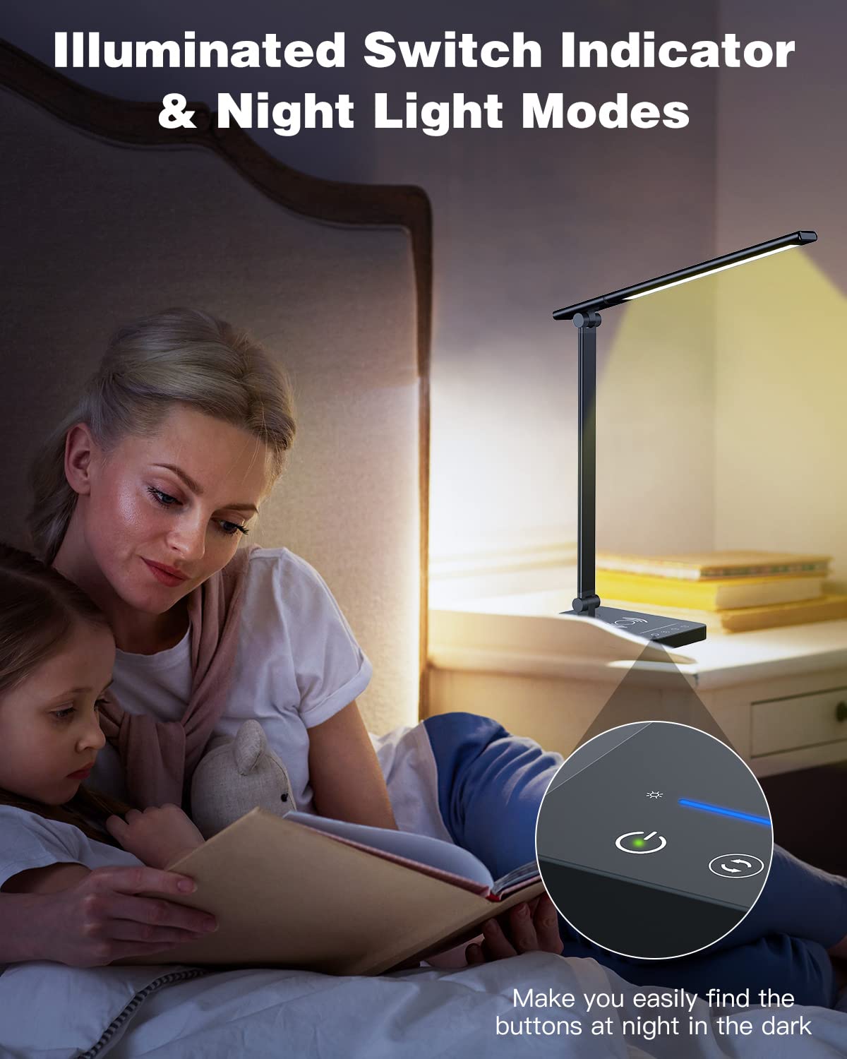 AGEARSUK LED Desk lamp, Desk Lamp with USB Charging Port for Home Office, Dimmable Desk Lamp with Wireless Charger, Eye-Caring Reading Lamps, Touch Control Study Lamps for Dorm (Adapter Included)
