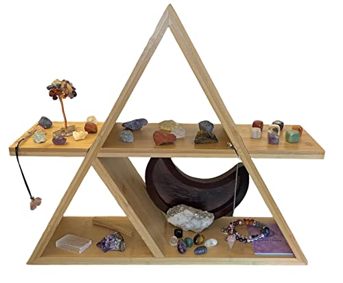 Nu Spin Triangle Floating Shelf for Crystals - One of a Kind Handcrafted Bamboo Shelf – Eco-Friendly Floor, Tabletop or Wall Shelf for Meditation, Easy to Mount - Extremely Sturdy