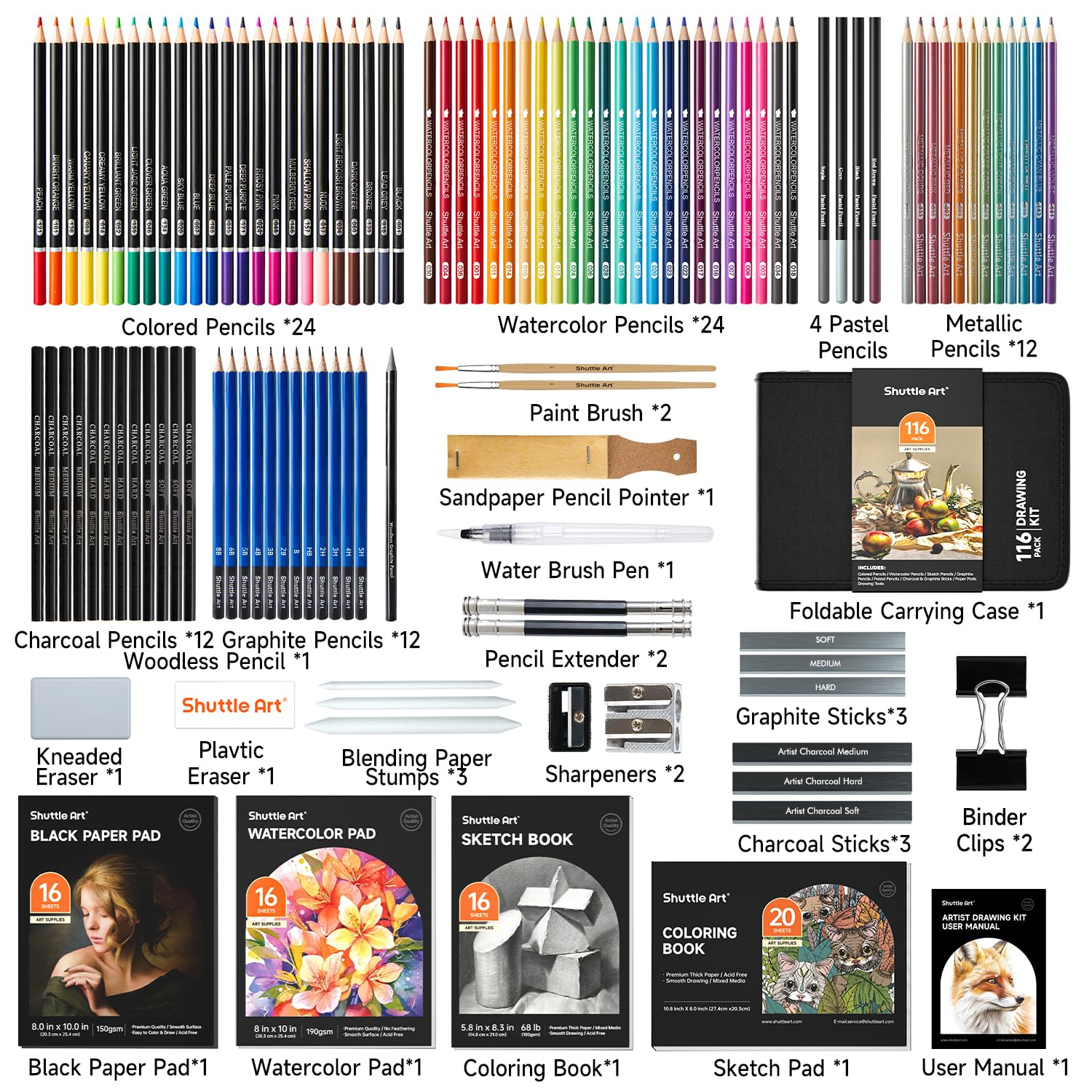 116 PCS Drawing Kit, Shuttle Art Complete Drawing Supplies with Sketch Pencils, Colored Pencils, Graphite, Charcoal Sticks, Professional Drawing Tools and Paper Pads for Artists, Beginners and Kids