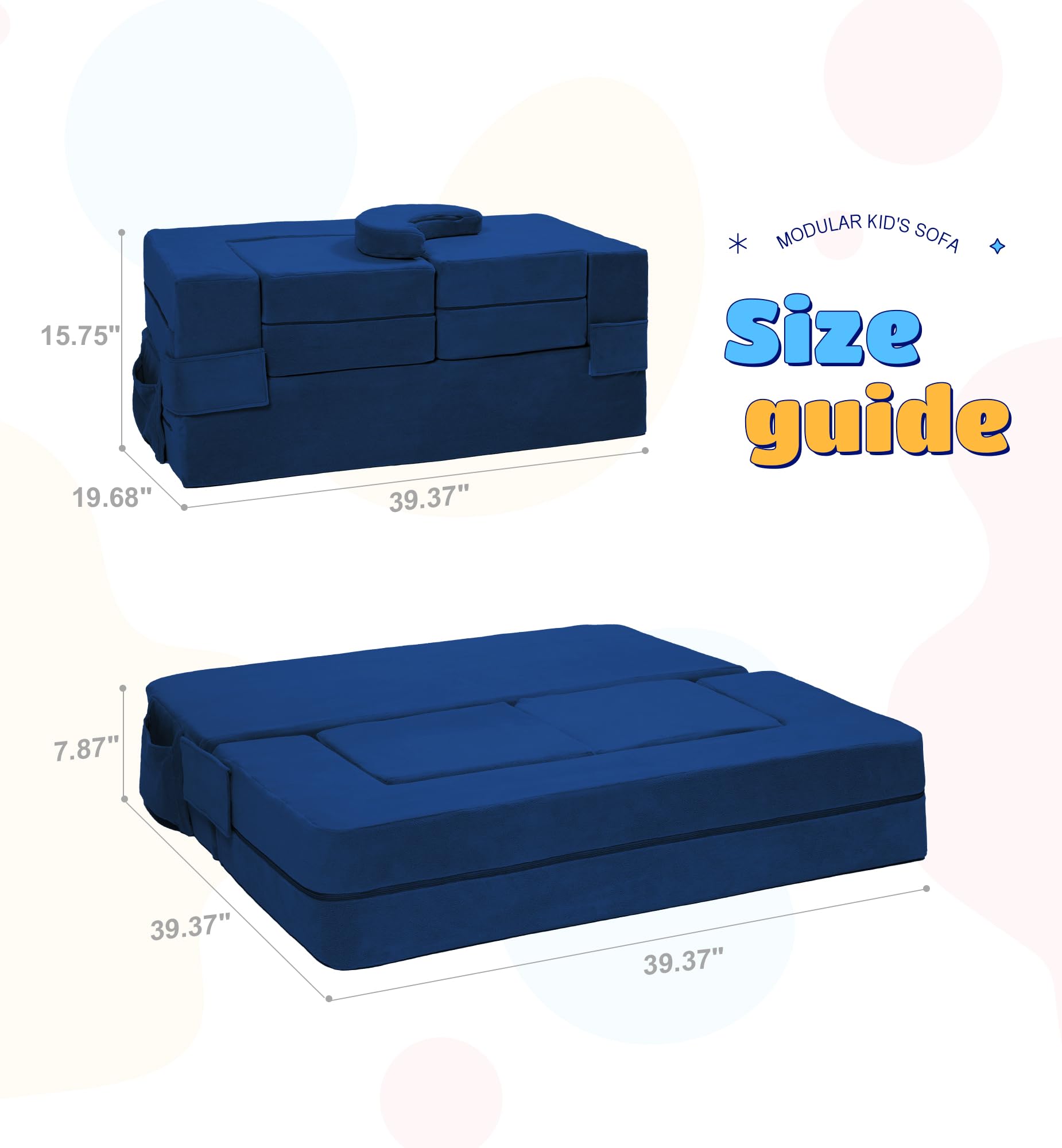 Elftopia Modular Kids Sofa,Toddler Couch Foam Armchair for Kids, Children Convertible Plush Sofa Play Set,Fold Out Sofa Bed(Navy)