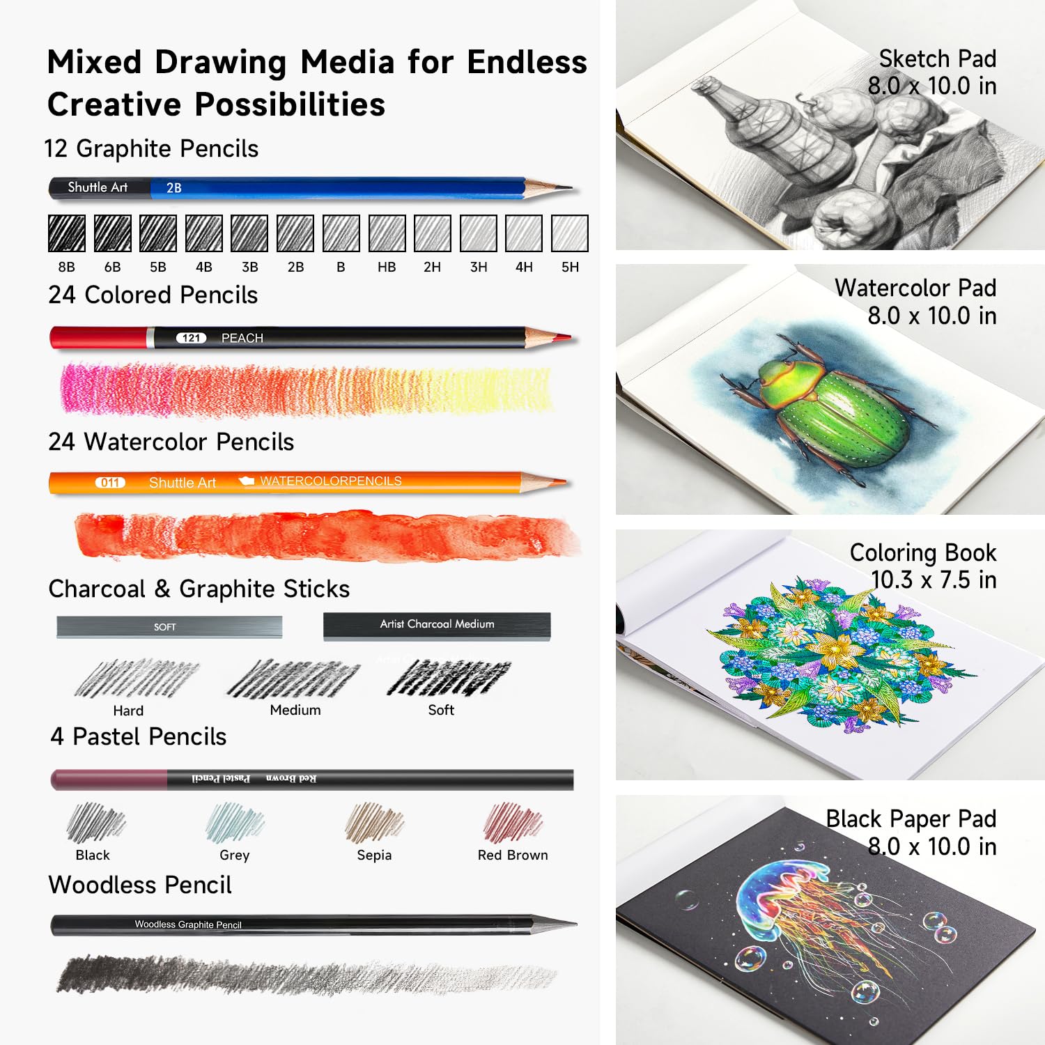 116 PCS Drawing Kit, Shuttle Art Complete Drawing Supplies with Sketch Pencils, Colored Pencils, Graphite, Charcoal Sticks, Professional Drawing Tools and Paper Pads for Artists, Beginners and Kids
