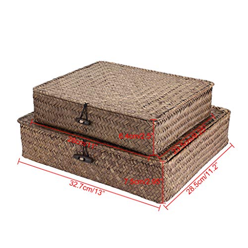 Hipiwe Set of 2 Flat Woven Wicker Storage Bins with Lid Natural Seagrass Basket Boxes Multipurpose Home Organizer Bins Boxes for Shelf Organizer (Coffee)