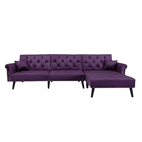 Modern L-Shaped Corner Sofa Convertible Sleeper Couch Bed,Upholstered Folding Recliner,Nailhead Decor Button Tufted Modular Sectional Sofá with Pillows&Reversible Chaise for Living Room Furniture Set