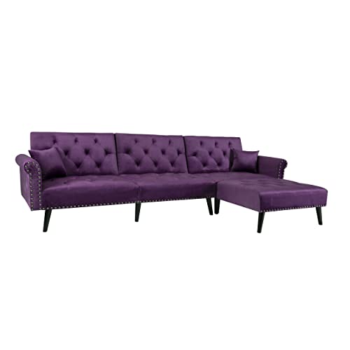 Modern L-Shaped Corner Sofa Convertible Sleeper Couch Bed,Upholstered Folding Recliner,Nailhead Decor Button Tufted Modular Sectional Sofá with Pillows&Reversible Chaise for Living Room Furniture Set
