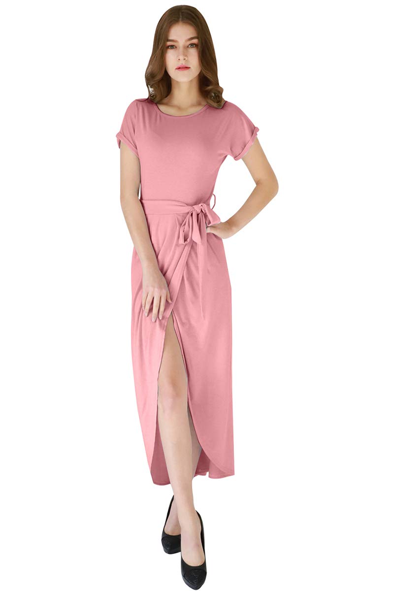 YMING Elegant Slit Cocktail Dress for Women Plain Party Long Maxi Dress Pk 3XL Pink