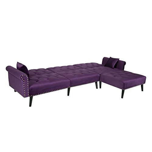 Modern L-Shaped Corner Sofa Convertible Sleeper Couch Bed,Upholstered Folding Recliner,Nailhead Decor Button Tufted Modular Sectional Sofá with Pillows&Reversible Chaise for Living Room Furniture Set