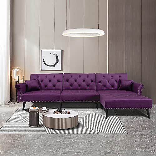 Modern L-Shaped Corner Sofa Convertible Sleeper Couch Bed,Upholstered Folding Recliner,Nailhead Decor Button Tufted Modular Sectional SofĂĄ with Pillows&Reversible Chaise for Living Room Furniture Set