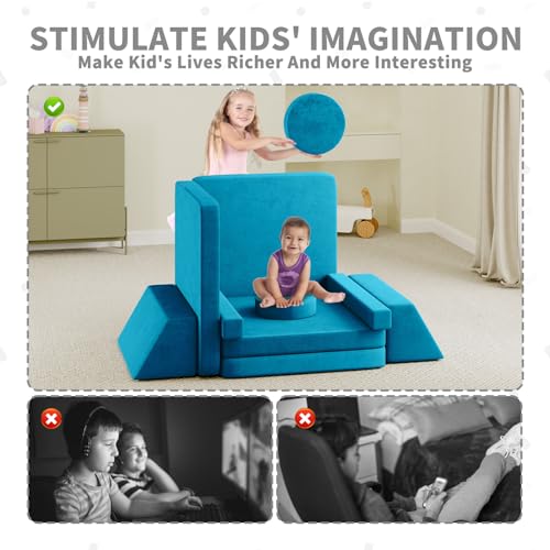 linor Modular Kids Play Couch 10Pcs, 65.4" Kids Couch for Playroom Bedroom, Multifunctional Modular Toddler Couch, Over 10 Combinations Creative Sofa for Imaginative Kids (Navy)