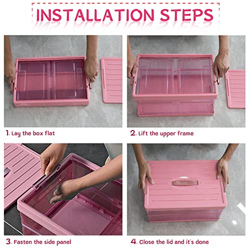 DSVENROLY 2Pcs Foldable Plastic Storage Box With Lid, Upgrade Multifunction Transparent Collapsible Storage Bins, Stackable Clear Latch Storage Box with Handle, Folding Plastic Containers (Pink)