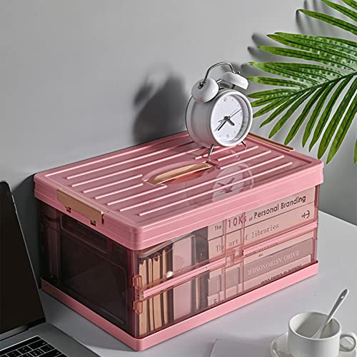 DSVENROLY 2Pcs Foldable Plastic Storage Box With Lid, Upgrade Multifunction Transparent Collapsible Storage Bins, Stackable Clear Latch Storage Box with Handle, Folding Plastic Containers (Pink)