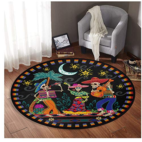Skull Music Band Round Area Rug Soft Non Skid Easy Clean 3ft Area Carpet Day of The Dead Circle Floor Mat for Living Room Kitchen Bathroom