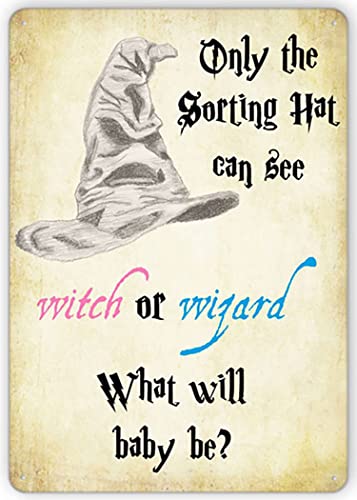 Dreacoss Retro Metal Aluminium Tin Sign Sorting Hat Gender Reveal Sign Baby Shower Gender Reveal Witch or Wizard Metal Tin Sign Poster Wall Plaque Wall Art Home Decor Vintage Metal Tin Sign 8x12 inch