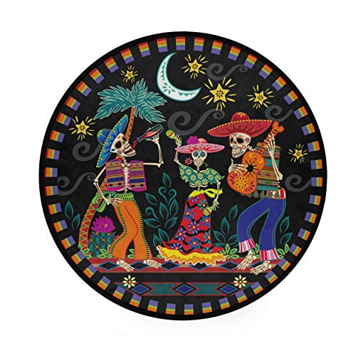 Skull Music Band Round Area Rug Soft Non Skid Easy Clean 3ft Area Carpet Day of The Dead Circle Floor Mat for Living Room Kitchen Bathroom