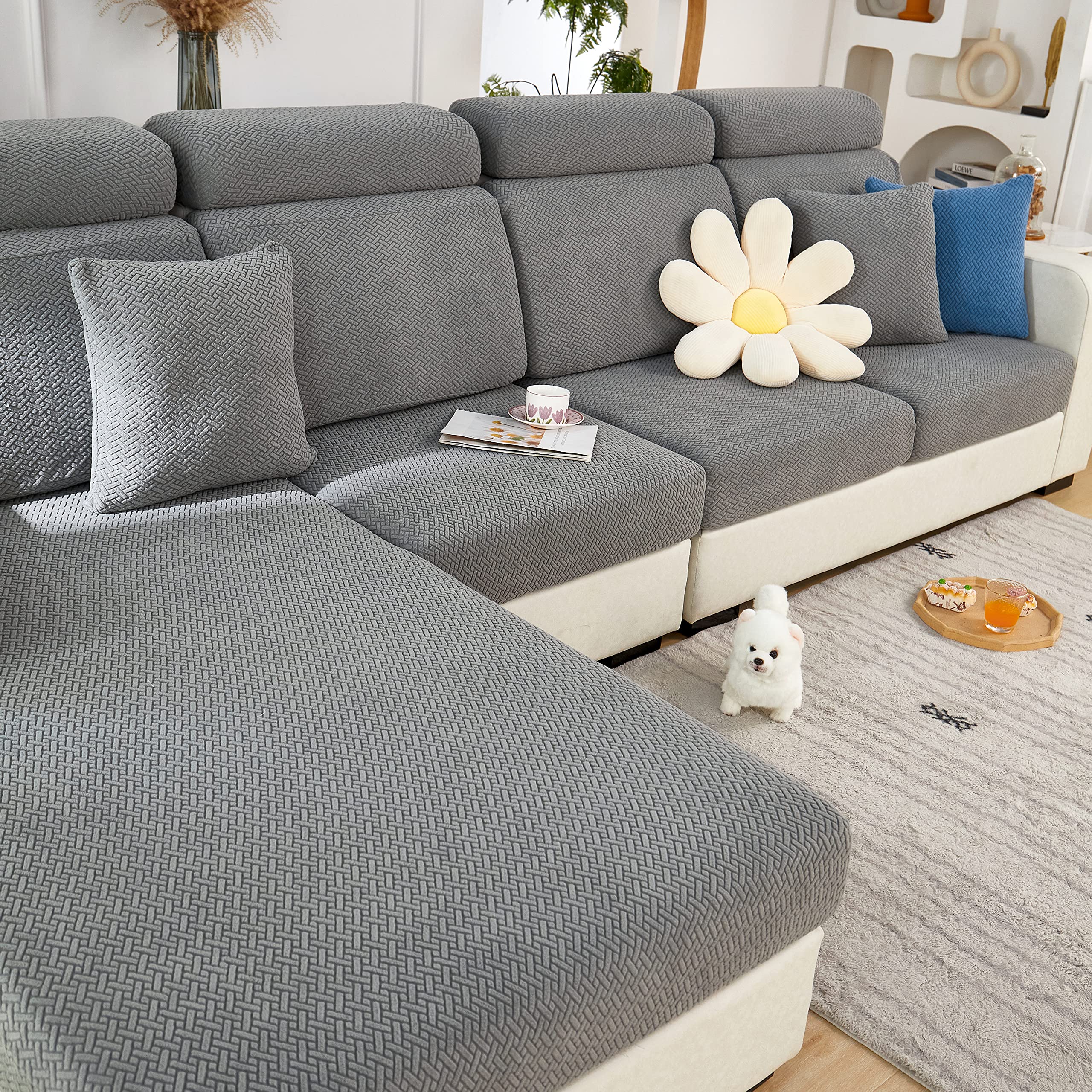 Super 3 Seat Couch Cushion Covers Sectional L Shape Slipcover Elastic Chair Sofa Furniture Protector Cover for Living Room (Length 49-61inch Width 22-35inch, Large Triple Seat Cover) Weave Grey