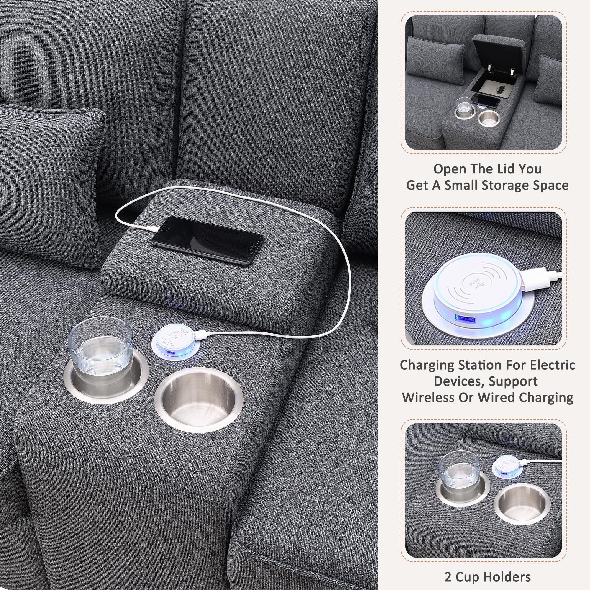 Tmsan 114.2" Modular Sectional Sofa Couch for Living Room Apartment, Modern Linen Upholstered Couch with 2 Cup Holders & 2 USB Charging Ports & 4 Pillows & 3 Storage Pockets, 4-Seat (Dark Grey)