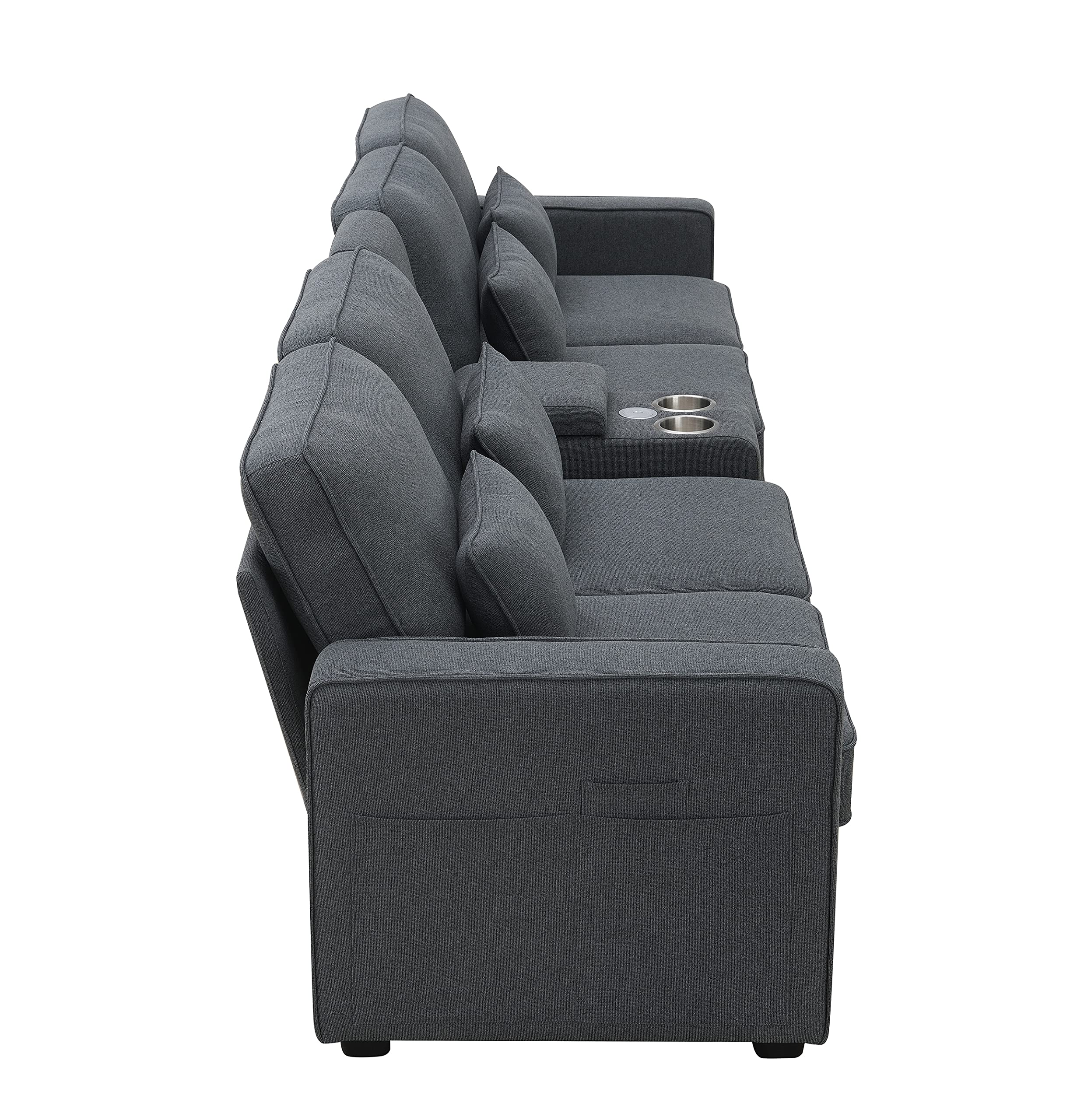 Tmsan 114.2" Modular Sectional Sofa Couch for Living Room Apartment, Modern Linen Upholstered Couch with 2 Cup Holders & 2 USB Charging Ports & 4 Pillows & 3 Storage Pockets, 4-Seat (Dark Grey)