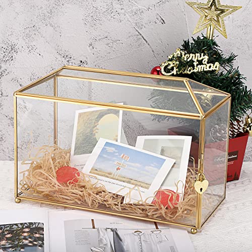 ELLDOO 12.6" Gold Glass Wedding Card Box with Heart Lock, Glass Gift Boxes, House Shape with Feet Clear Terrarium Planter for Wedding Receptions, Centerpiece Decor, Keepsake, Gift Display Box, Large Size