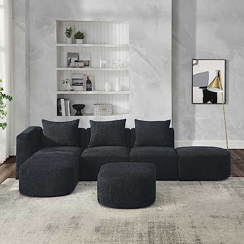 L-Shaped Stylish Comfy Sectional Sofa Couch with 2 Single Seats, Left Chaise and Movable Ottomans, Modern DIY Combination Convertible Modular Sofa&Couch Cloud Deep Seater Cozy Sofá for Living Room