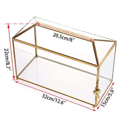 ELLDOO 12.6" Gold Glass Wedding Card Box with Heart Lock, Glass Gift Boxes, House Shape with Feet Clear Terrarium Planter for Wedding Receptions, Centerpiece Decor, Keepsake, Gift Display Box, Large Size