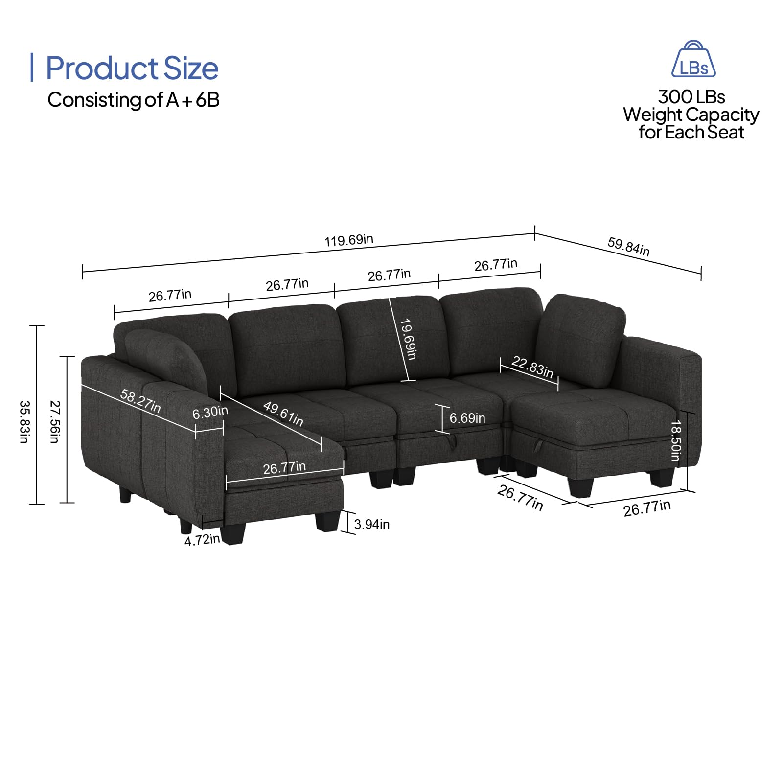Arathorn Modular Sectional Sofa with Ottoman Oversized U Shaped Sofa Couch with Reversible Chaise, Convertible Sofa Bed Sleeper Modular Sofa Sectional Couch for Living Room, Dark Grey