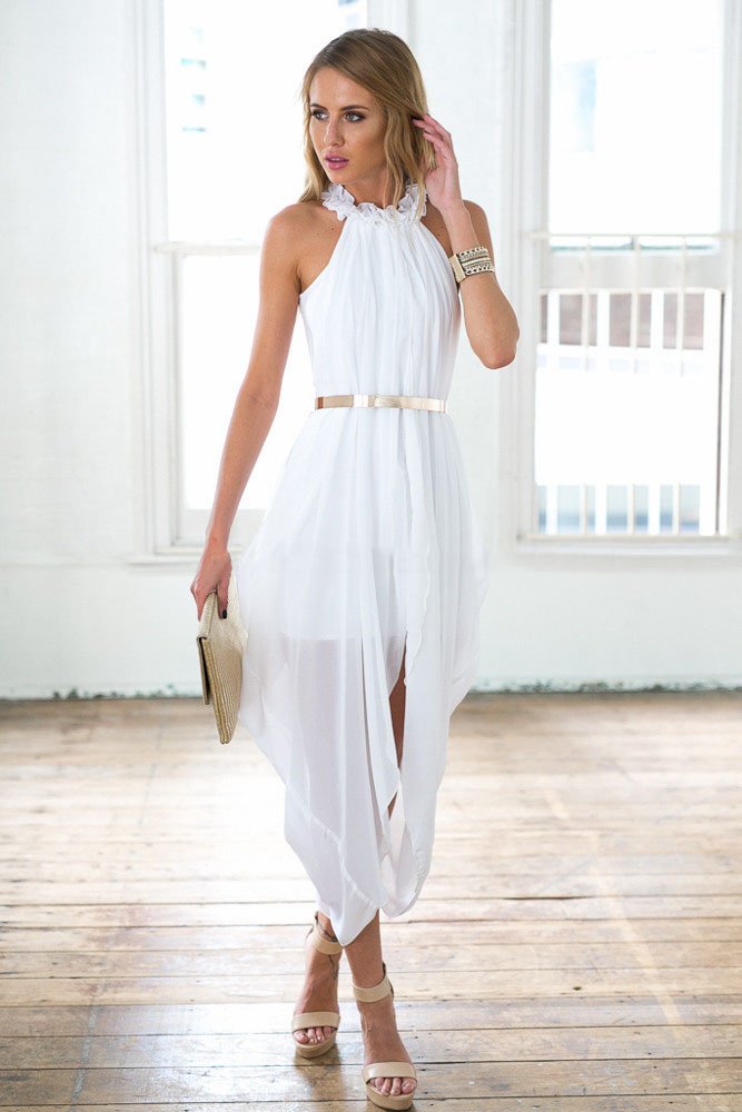 KingField Women's Chiffon Greek Goddess Fairy High Low Dresses Outer Maxi Inner Mini Beach Party Dress Large White