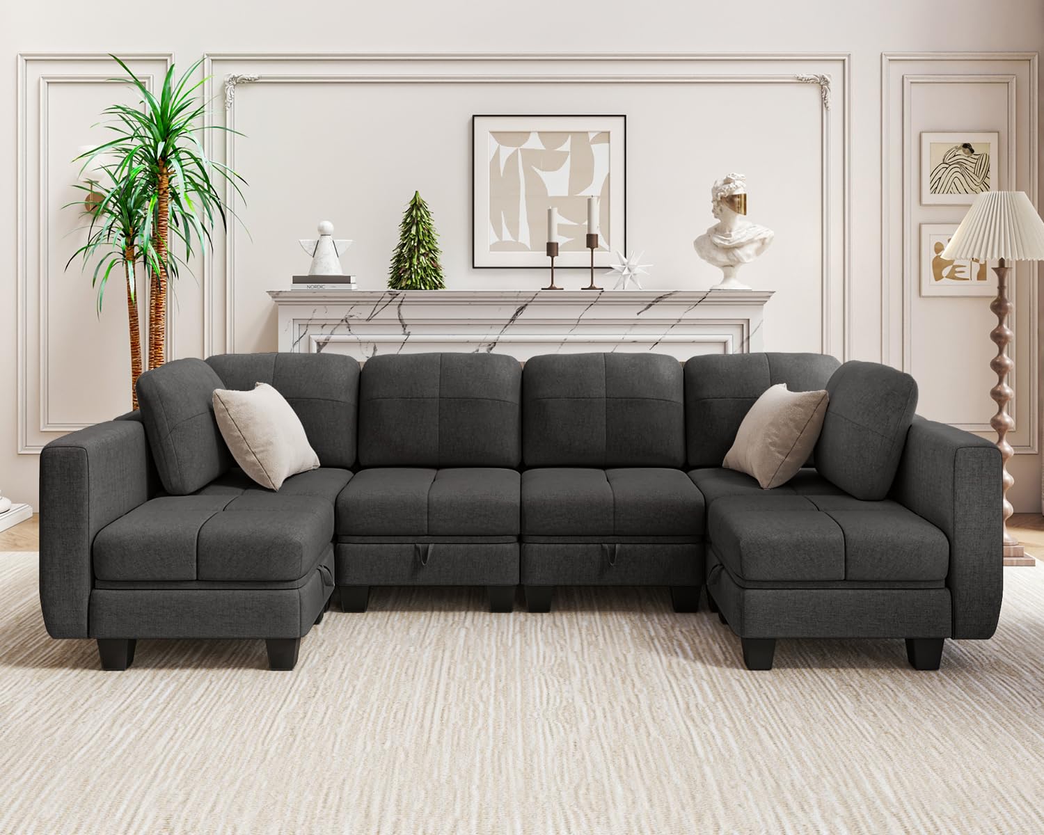 Arathorn Modular Sectional Sofa with Ottoman Oversized U Shaped Sofa Couch with Reversible Chaise, Convertible Sofa Bed Sleeper Modular Sofa Sectional Couch for Living Room, Dark Grey