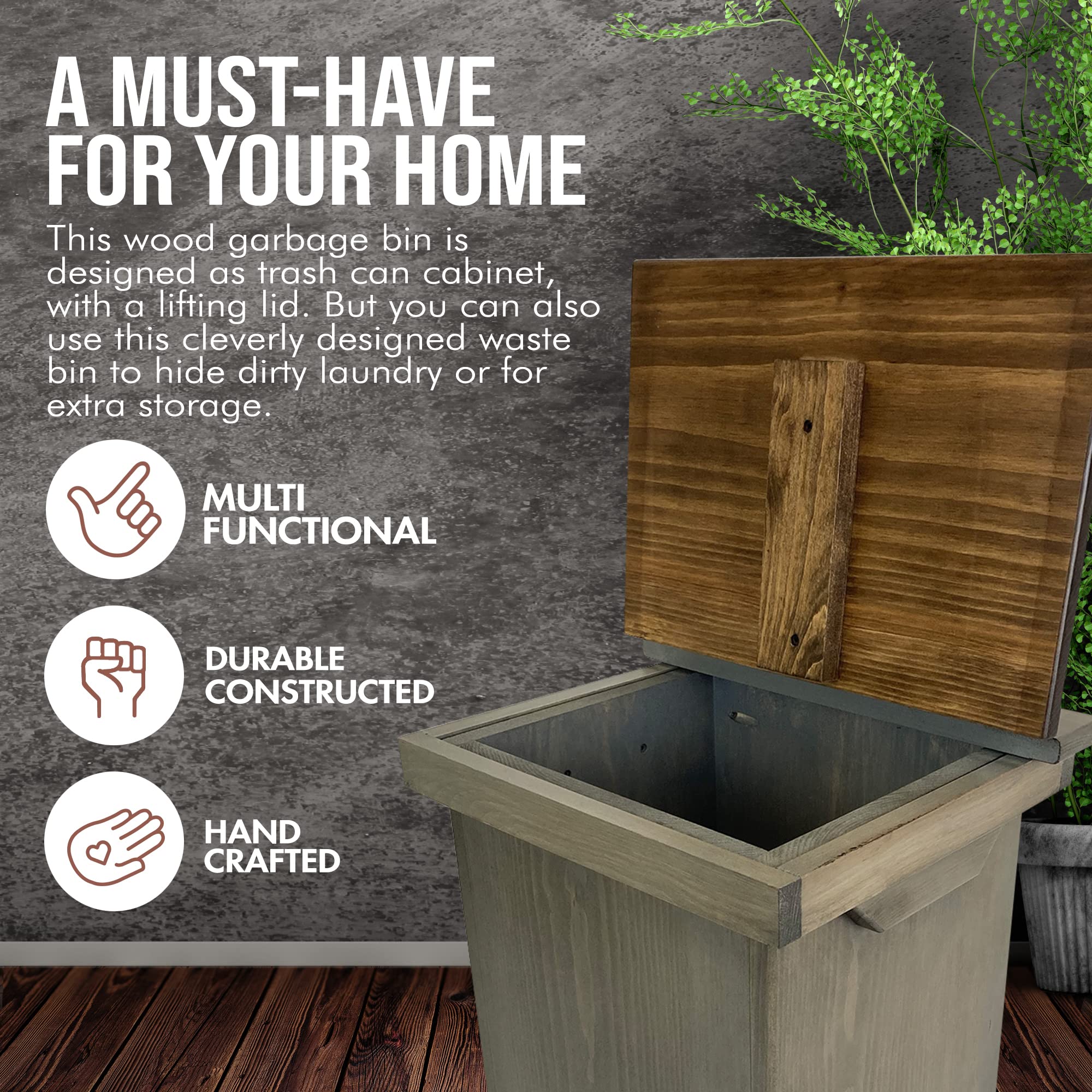 Peaceful Classics Wood Garbage Bin Cabinet - Wooden Trash Can w/Hidden Design, Stylish Kitchen Garbage Can, Amish Made Cabinet Hidden Trash Can, Handmade Waste Bin Cabinet Storage (Pewter)