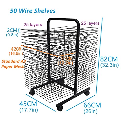 Double Sided Wire Drying Rack with 4 Wheels Art Drying Rack Mobile Cart for Painting Craft A3 Paper Artwork Canvas Storage Display Rack for Classrooms, Art Studio and Home Use, 50 Shelves
