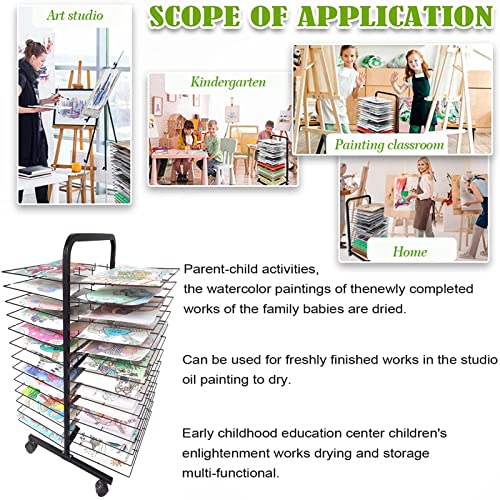 Double Sided Wire Drying Rack with 4 Wheels Art Drying Rack Mobile Cart for Painting Craft A3 Paper Artwork Canvas Storage Display Rack for Classrooms, Art Studio and Home Use, 50 Shelves