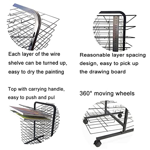 Double Sided Wire Drying Rack with 4 Wheels Art Drying Rack Mobile Cart for Painting Craft A3 Paper Artwork Canvas Storage Display Rack for Classrooms, Art Studio and Home Use, 50 Shelves