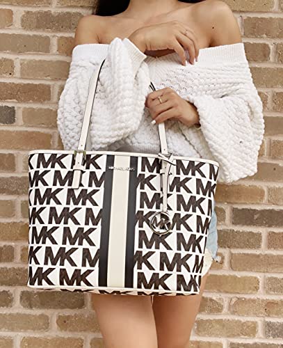 Michael Kors Jet Set Travel Medium Carryall Tote Graphic MK White Stripe Bundled with Michael Kors Jet Set Large Brown Trifold Wallet