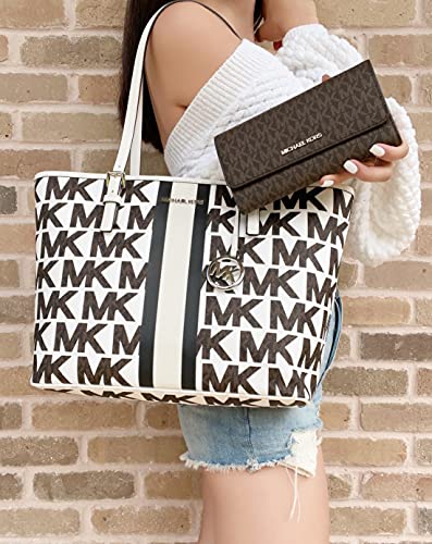 Michael Kors Jet Set Travel Medium Carryall Tote Graphic MK White Stripe Bundled with Michael Kors Jet Set Large Brown Trifold Wallet