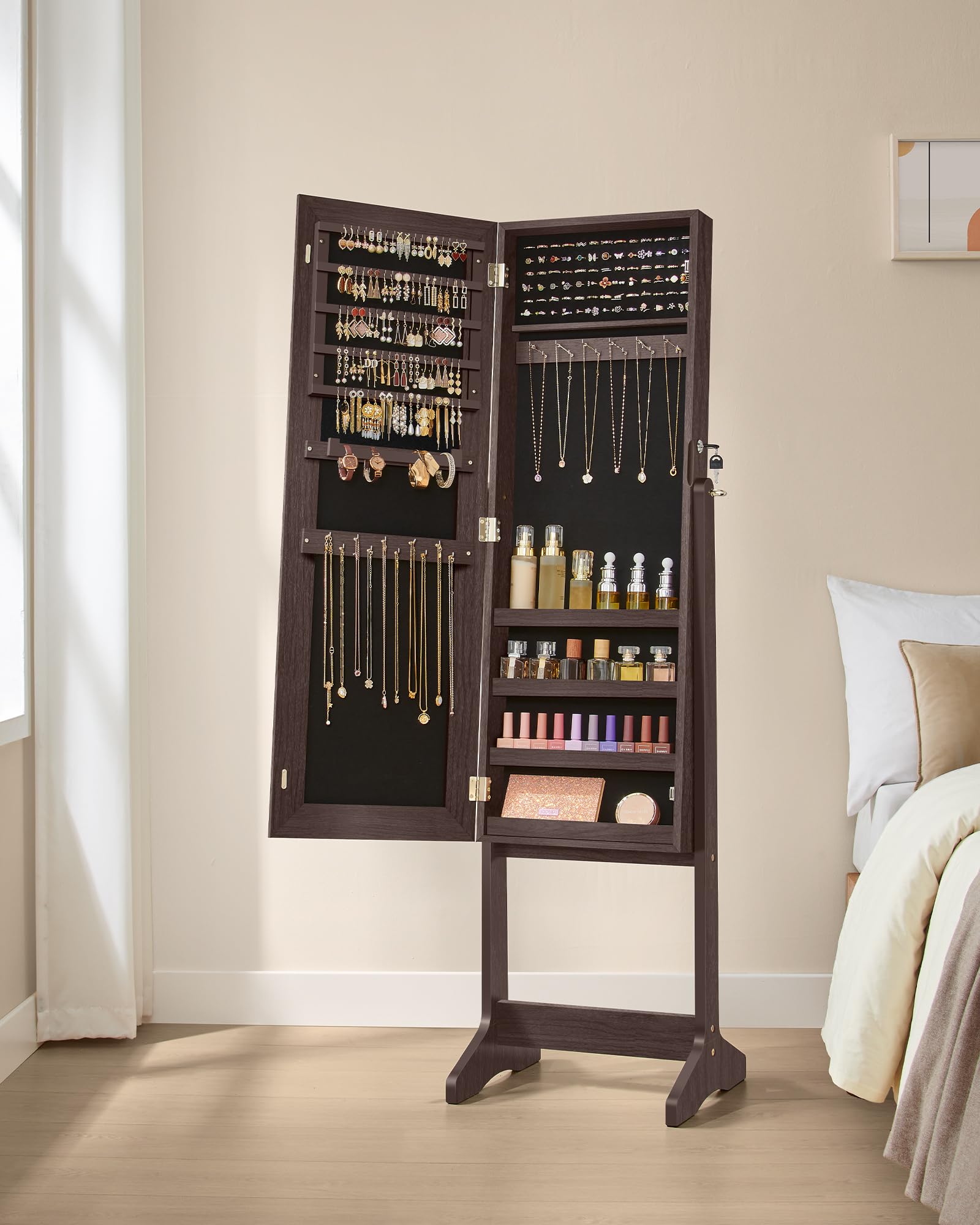 SONGMICS Mirror Jewelry Cabinet Armoire, Standing Full-Length Mirror, Lockable Jewelry Organizer, Gift Idea, Brown Surface and Black Lining UJJC69BR
