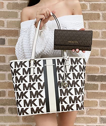 Michael Kors Jet Set Travel Medium Carryall Tote Graphic MK White Stripe Bundled with Michael Kors Jet Set Large Brown Trifold Wallet
