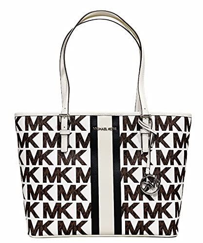 Michael Kors Jet Set Travel Medium Carryall Tote Graphic MK White Stripe Bundled with Michael Kors Jet Set Large Brown Trifold Wallet