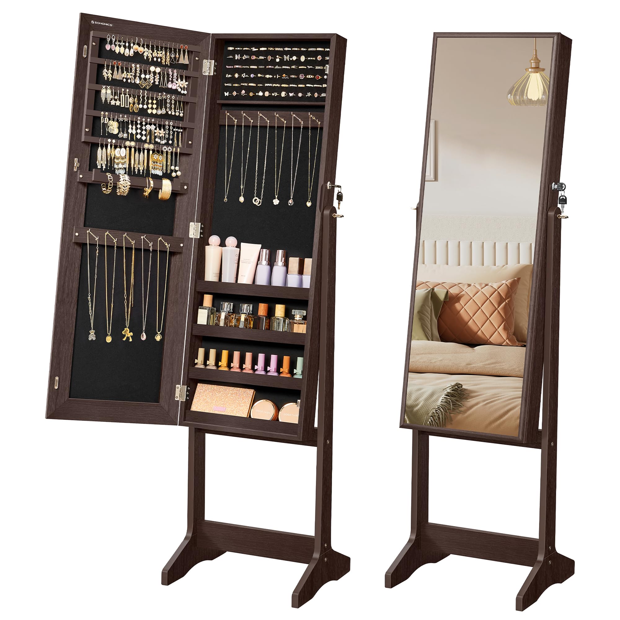 SONGMICS Mirror Jewelry Cabinet Armoire, Standing Full-Length Mirror, Lockable Jewelry Organizer, Gift Idea, Brown Surface and Black Lining UJJC69BR