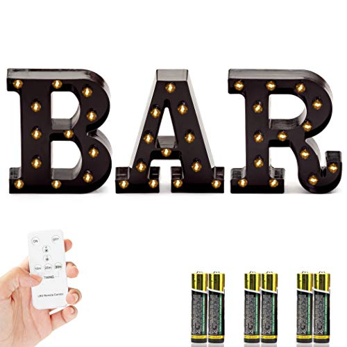 Marquee BAR Sign with Lights – Light Up Black B-A-R Letters for Home Decor or Business Signs – Includes Remote Control and Batteries – LED Lighted Vintage DIY Accessories and Decorations for Bars