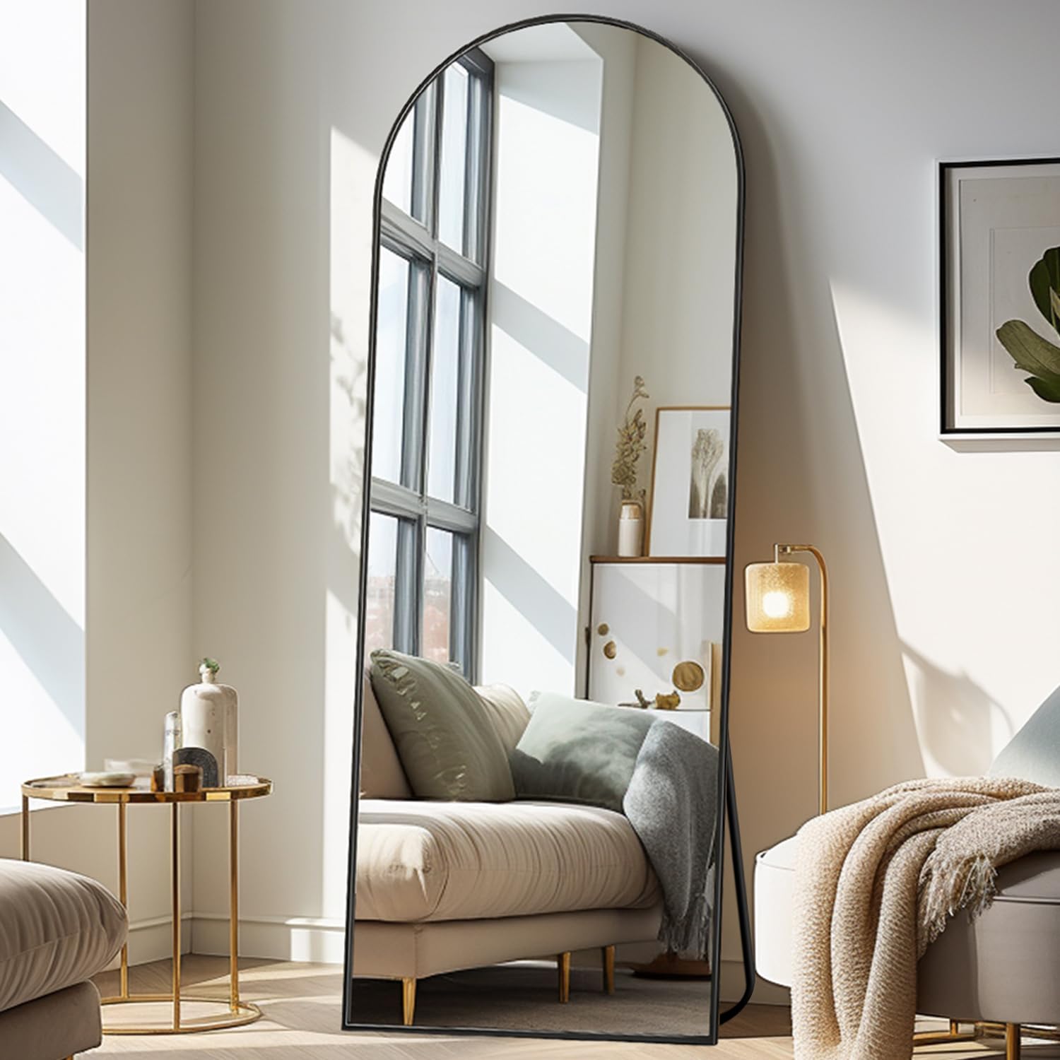 Rowjut 64"x21"Floor Mirror Arched Full Length Mirros, Mirror Floor Length Standing Hanging or Leaning & Large Full Body & Wall Mirror for Bedroom, Living Room, Aluminum Frame, Black