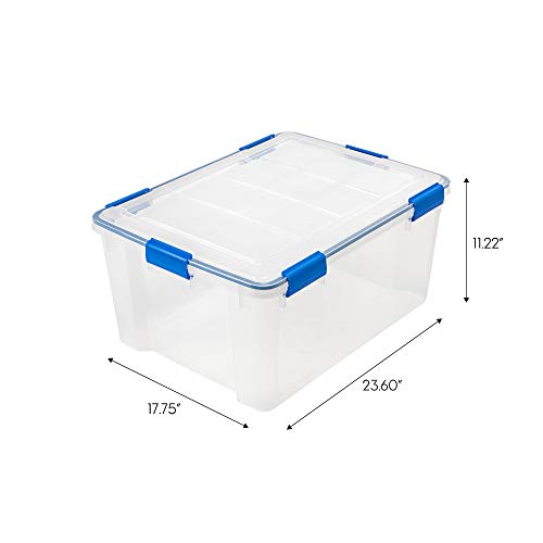 IRIS USA 60 Quart WEATHERPRO Plastic Storage Box with Durable Lid and Seal and Secure Latching, Clear With Blue Buckles, Weathertight, 3 Pack