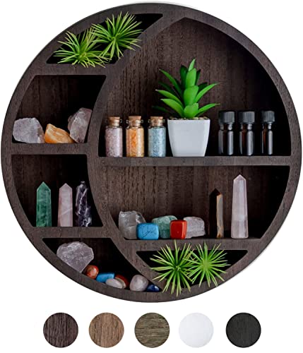 Crescent Moon Shelf Wall Decor - Rustic Wooden Moon Shelf for Crystals, Stones & Essential Oils - Wall-Mounted & Easy to Hang - Boho Shelf for Nursery or Bedrooms - 14 x 14 x 3.5 in. (Dark Brown)