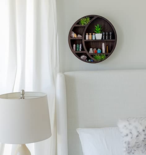 Crescent Moon Shelf Wall Decor - Rustic Wooden Moon Shelf for Crystals, Stones & Essential Oils - Wall-Mounted & Easy to Hang - Boho Shelf for Nursery or Bedrooms - 14 x 14 x 3.5 in. (Dark Brown)