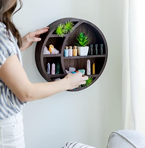 Crescent Moon Shelf Wall Decor - Rustic Wooden Moon Shelf for Crystals, Stones & Essential Oils - Wall-Mounted & Easy to Hang - Boho Shelf for Nursery or Bedrooms - 14 x 14 x 3.5 in. (Dark Brown)