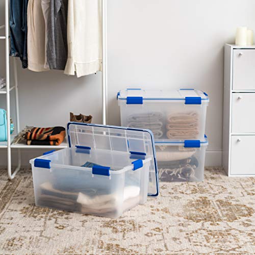 IRIS USA 60 Quart WEATHERPRO Plastic Storage Box with Durable Lid and Seal and Secure Latching, Clear With Blue Buckles, Weathertight, 3 Pack