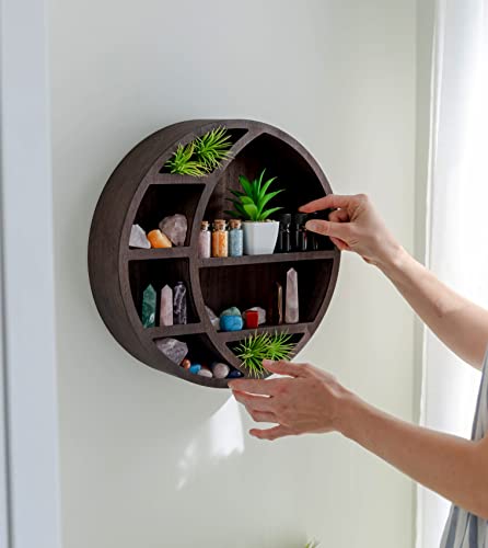 Crescent Moon Shelf Wall Decor - Rustic Wooden Moon Shelf for Crystals, Stones & Essential Oils - Wall-Mounted & Easy to Hang - Boho Shelf for Nursery or Bedrooms - 14 x 14 x 3.5 in. (Dark Brown)